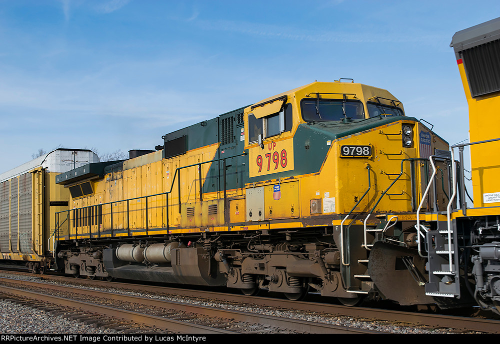 UP 9798 on eastbound UP empty autorack train